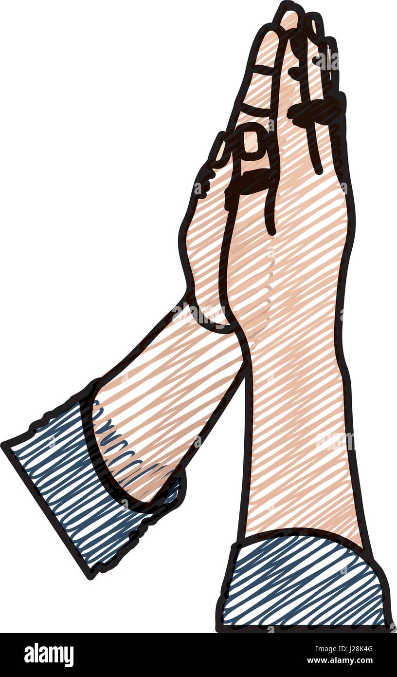 Dessin au crayon de couleur des mains en position de prière en vue de ...
