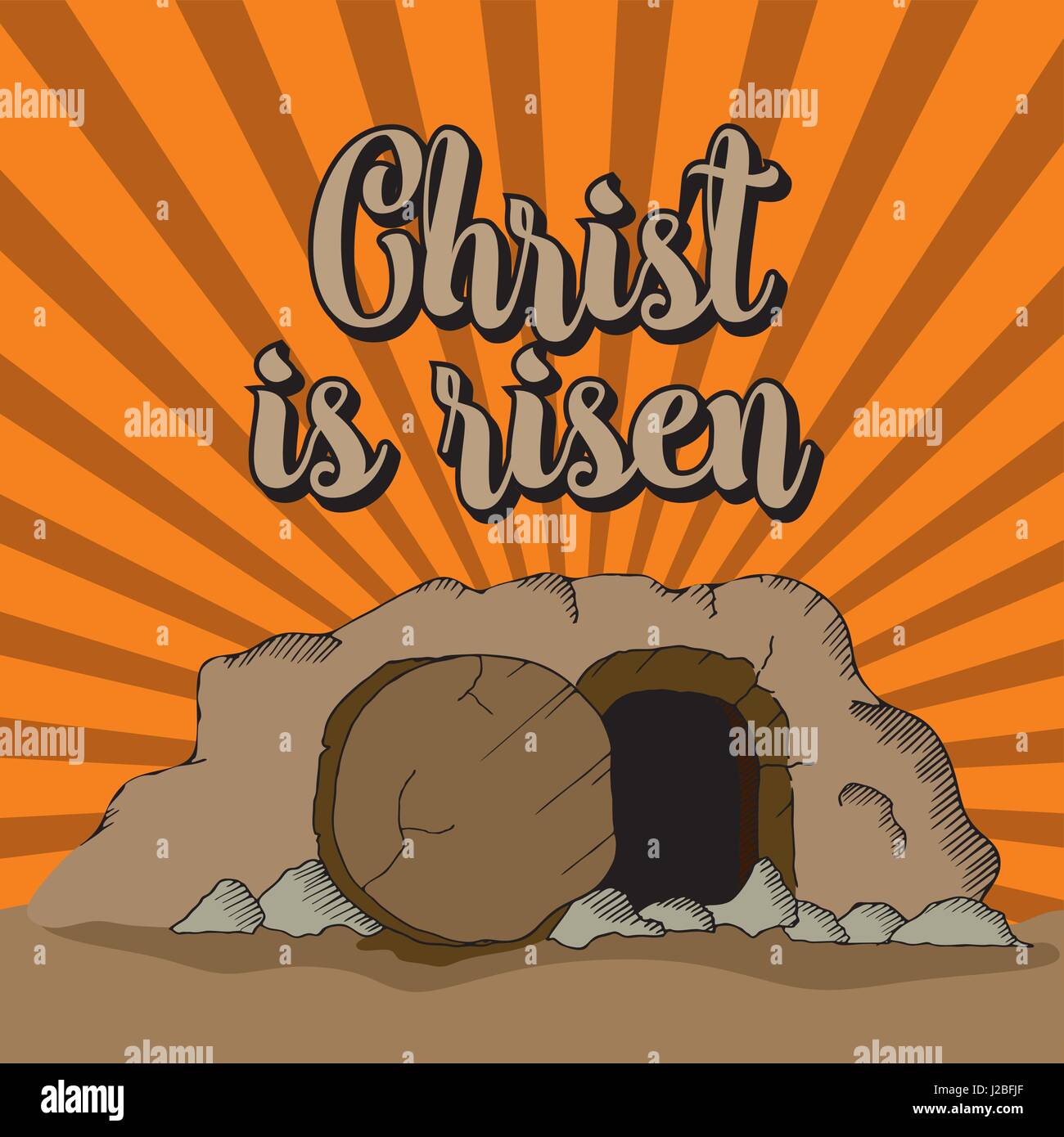 Jésus le Christ est ressuscité. Un tombeau vide et une pierre tombée ...