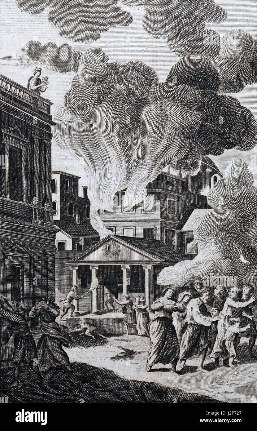 L'incendie de la ville de Rome, tandis que l'empereur Néron joue sa ...