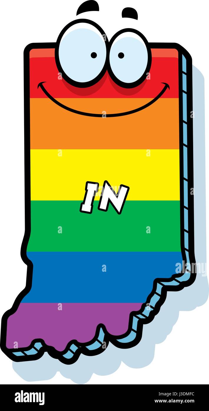 Un cartoon illustration de l'état de l'Indiana smiling avec drapeau arc ...
