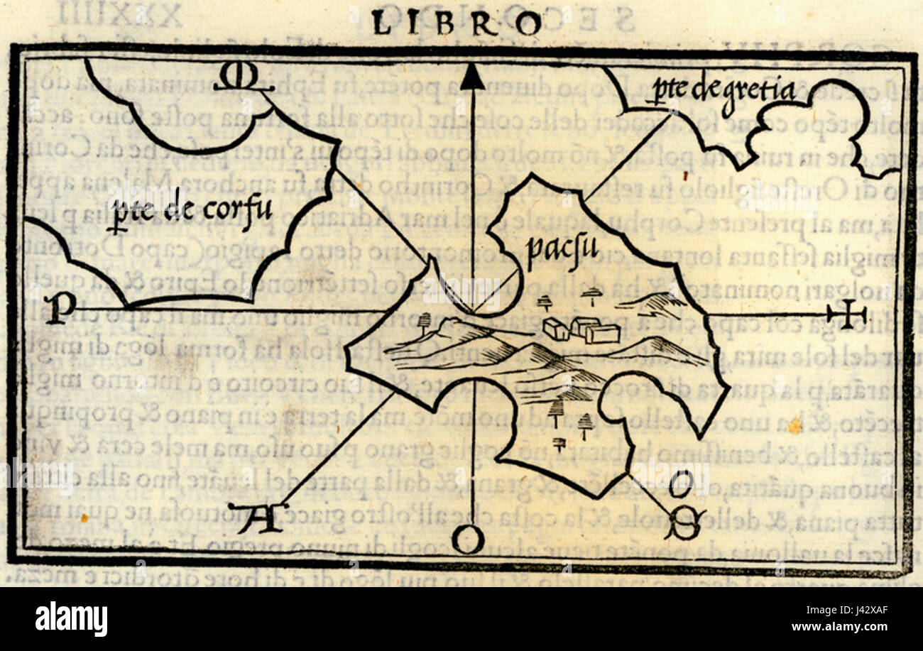 Une carte créée par Benedetto Bordone en 1547, représentant l'île de Paxoi, une partie des îles ...