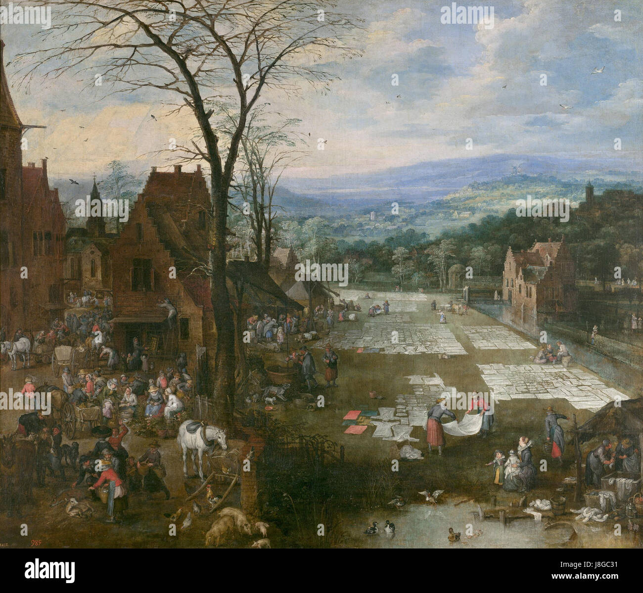 Jan Brueghel (I) et Joos de Momper (II) Marché et lavoir en Flandre ...