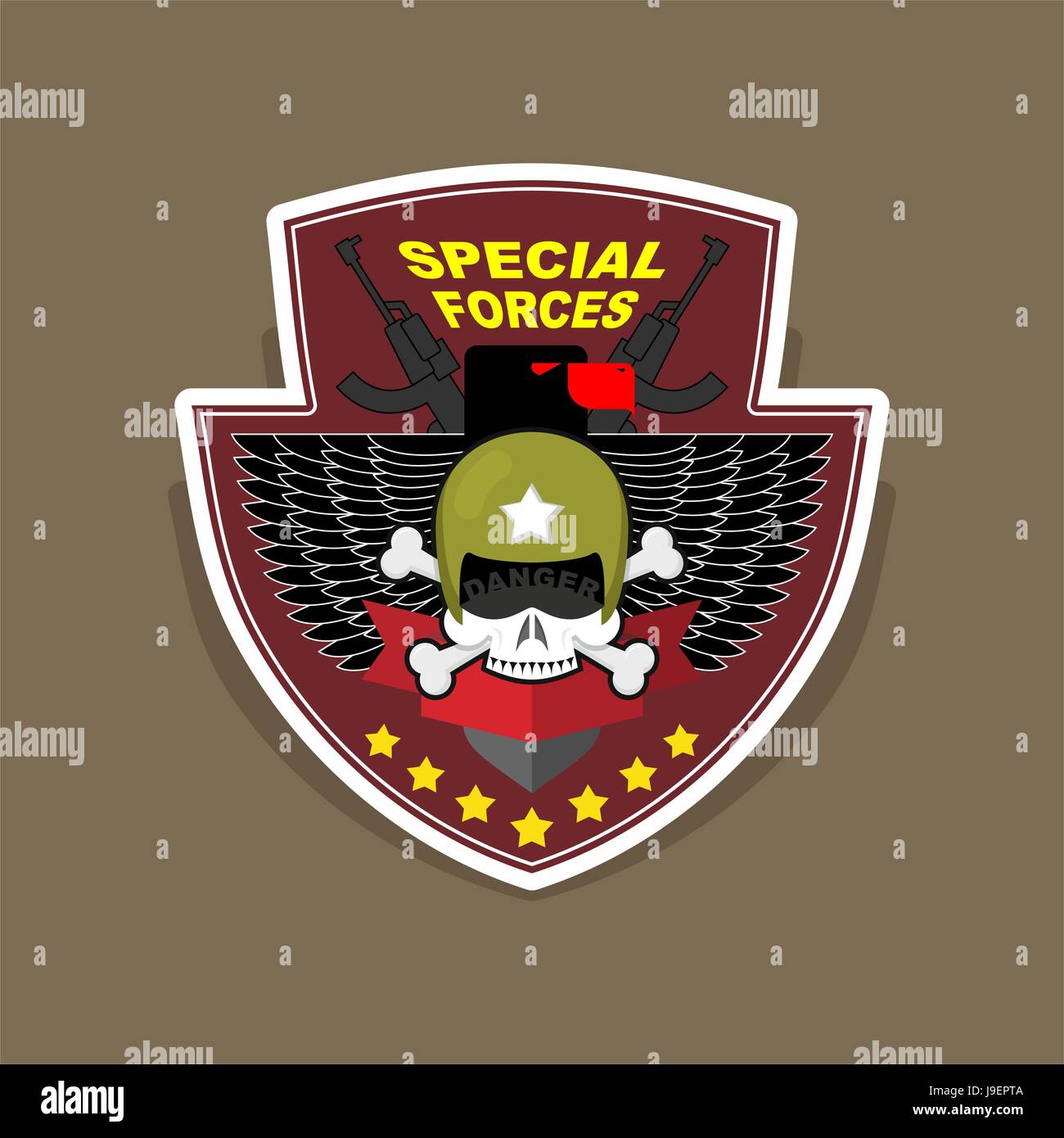 Emblème militaire avec un crâne et l'arme. Les ailes sur bouclier. logo guerre force spéciale ...