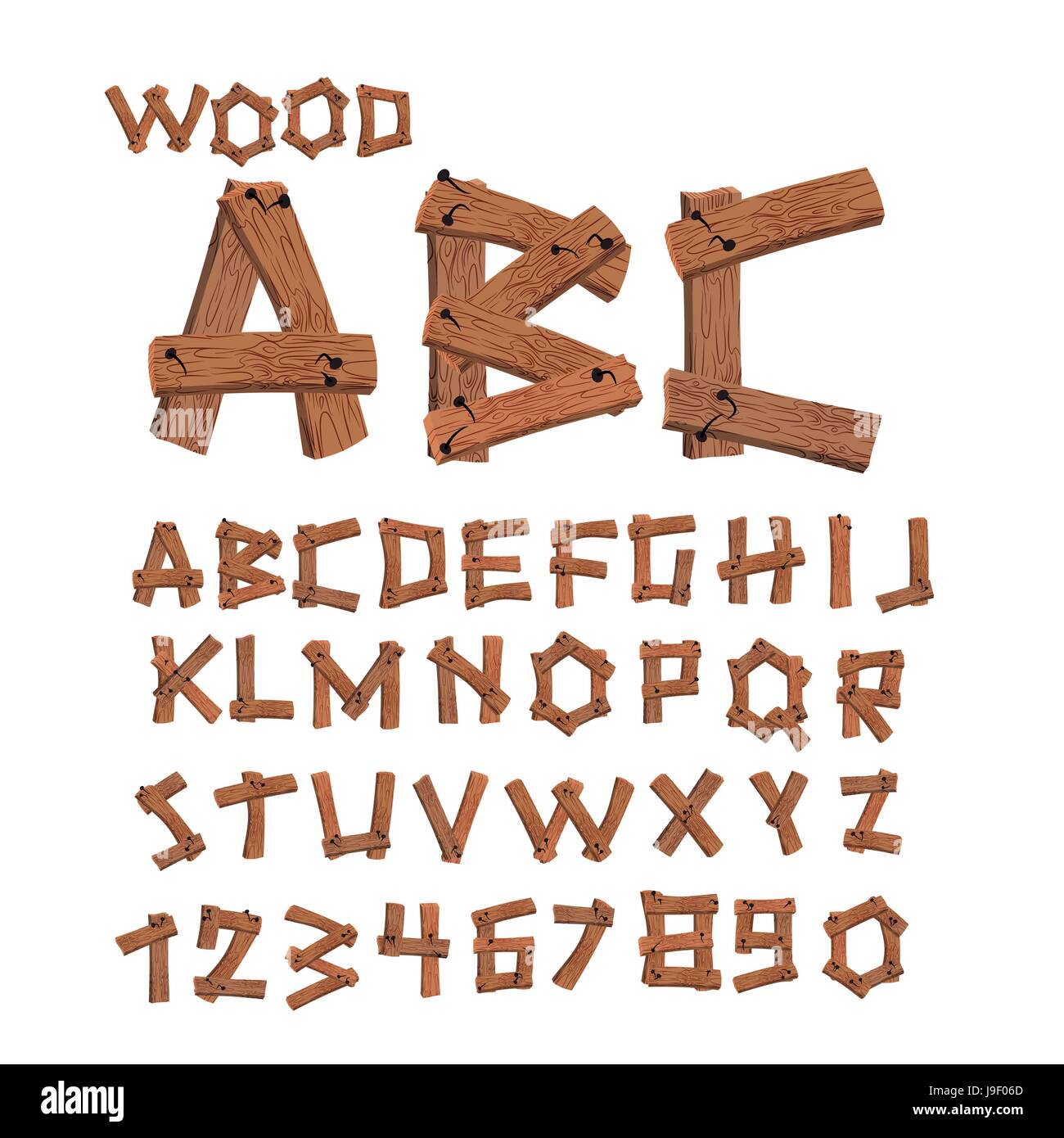 Police de bois. Anciennes cartes alphabet. Planches en bois avec des ...