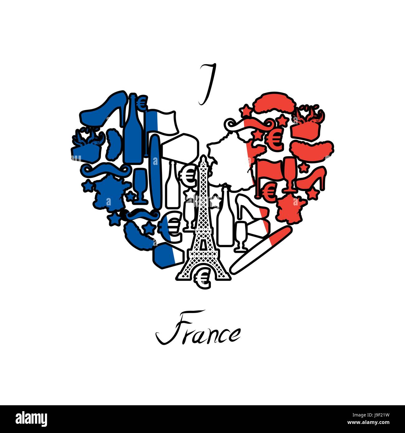 J'aime la France. National traditionnel jeu d'icônes en forme de coeur ...
