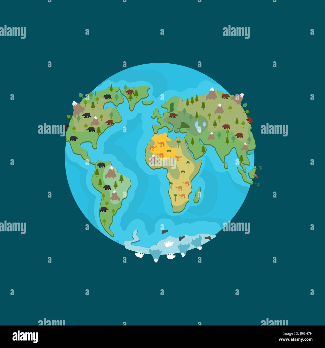 La planète Terre et les animaux. Bête sur continents. Carte du monde ...