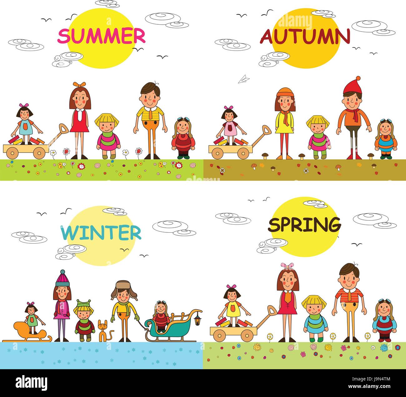Quatre saisons - printemps, été, automne, hiver- enfants heureux isolé ...