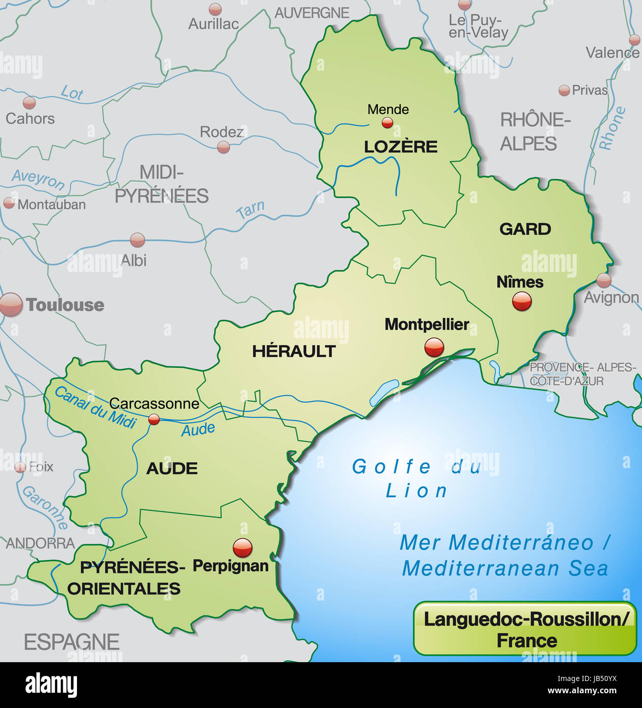 Le Languedoc-Roussillon en Frankreich als mit Umgebungskarte Grenzen ...