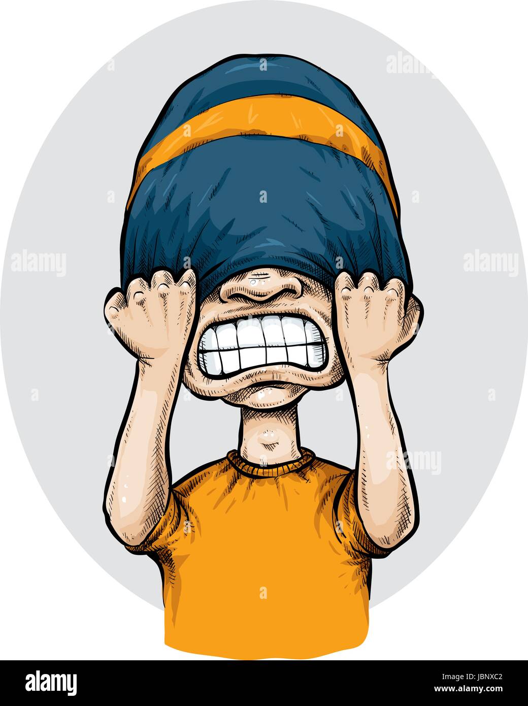 Un dessin de l'homme tire sur sa toque sur ses yeux dans la frustration ...