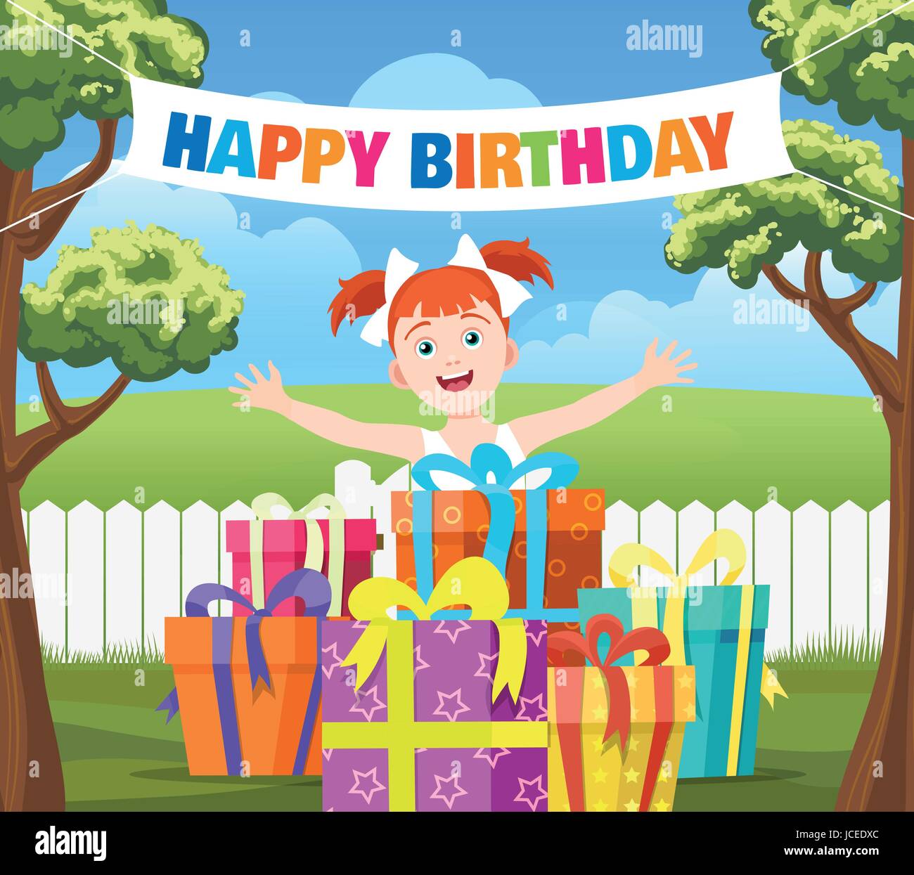 Scène de fête d'anniversaire d'arrière-cour. Cartoon vector ...