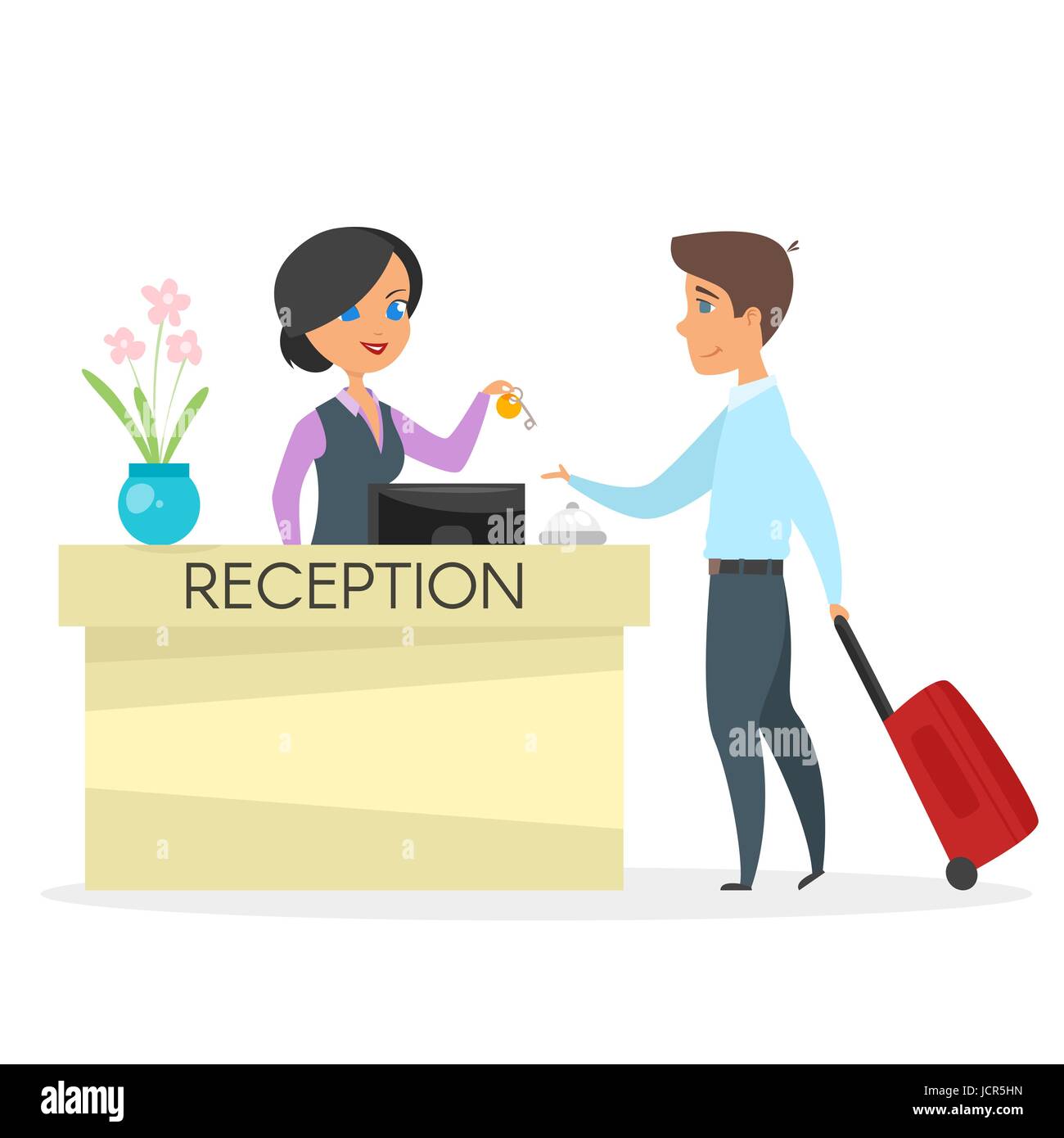 Vector cartoon style illustration de réception de l'hôtel. Belle femme ...