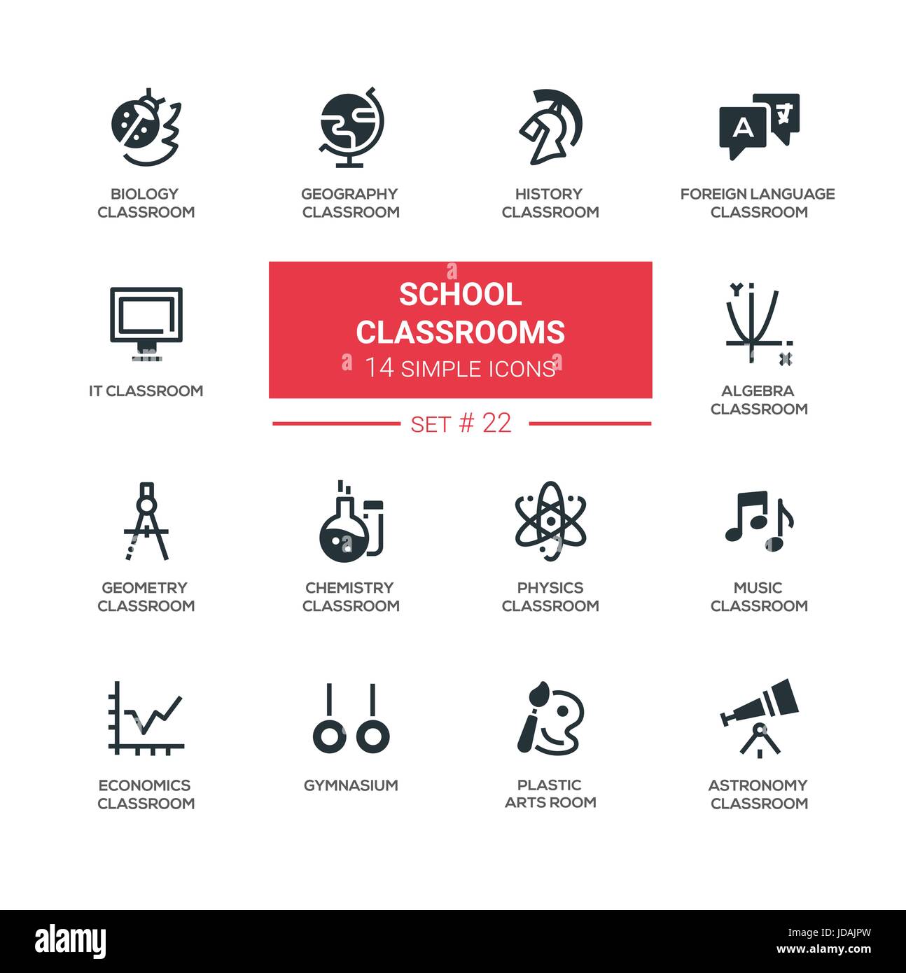 Les classes de l'école moderne - icônes simples, jeu de pictogrammes ...