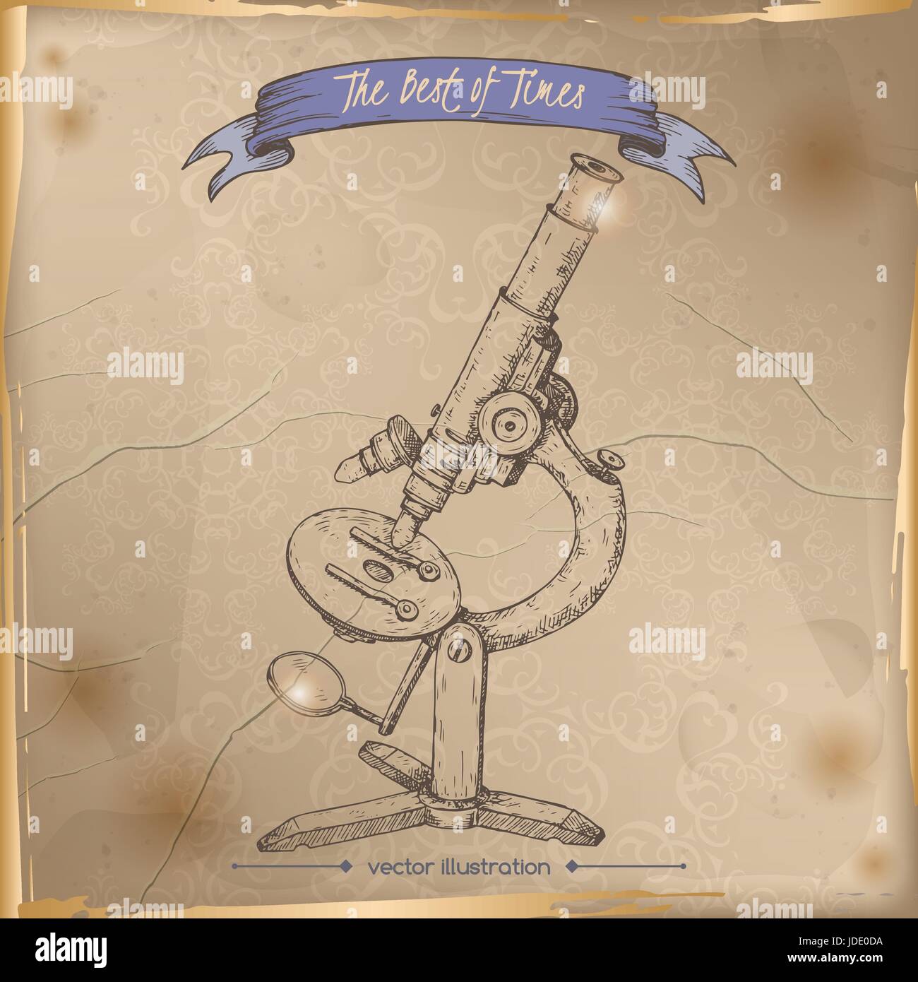 Microscope ancien croquis dessinés à la main, placé sur l'ancien papier ...