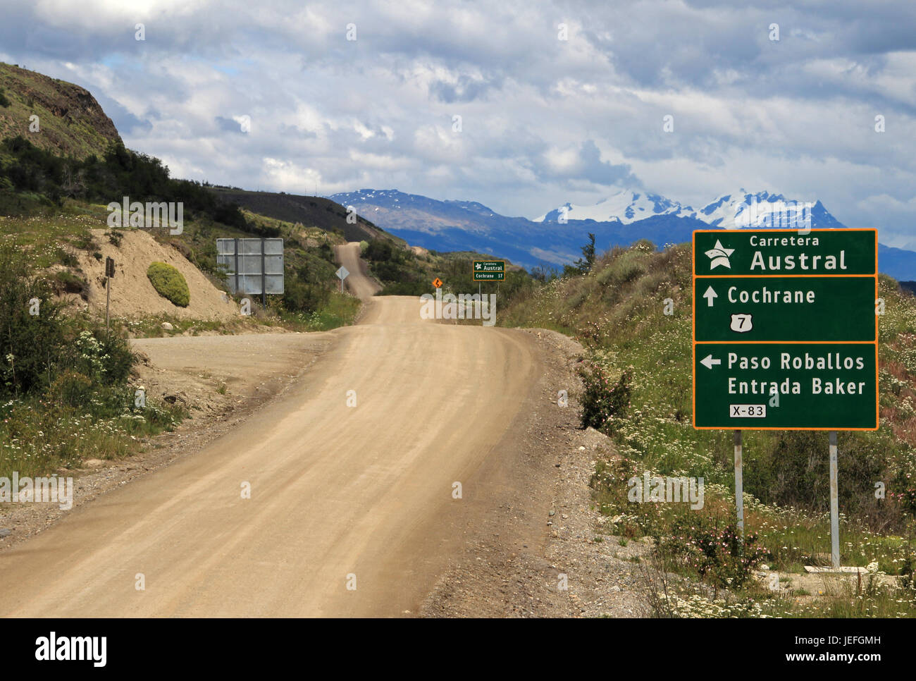 La route Carretera Austral, ruta 7, avec panneau de signalisation ...
