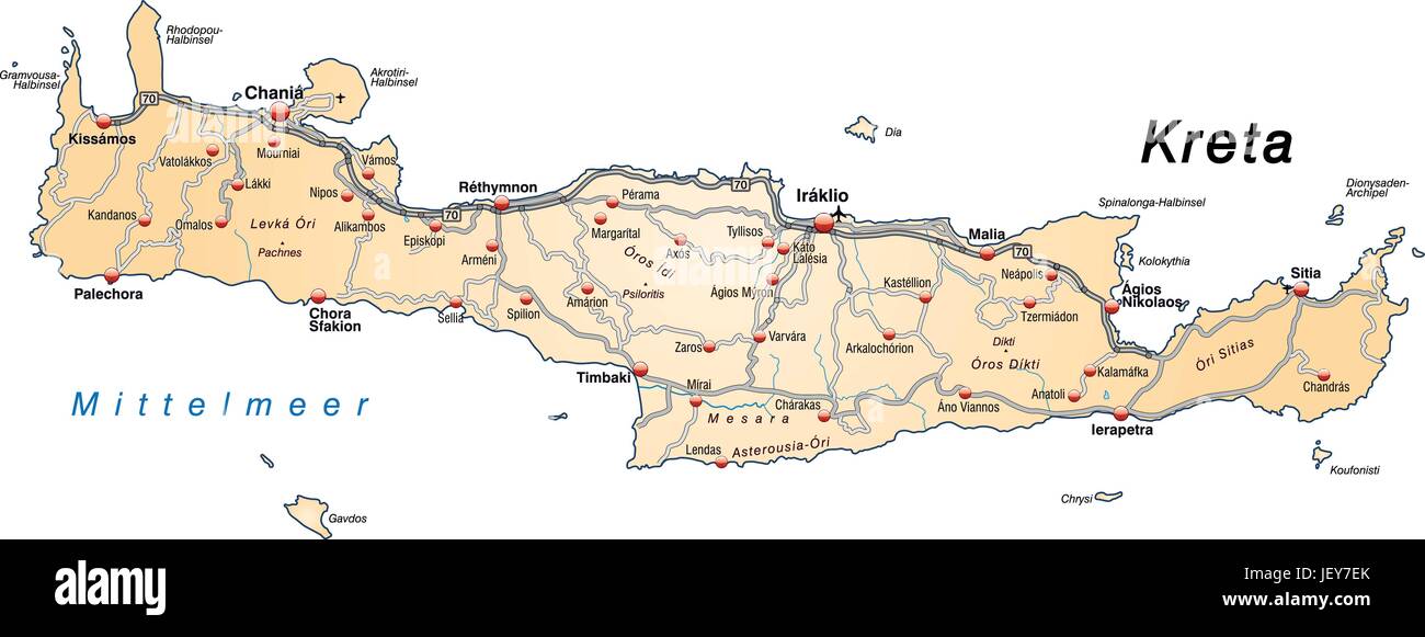 La carte de la crète avec réseau de transport dans l'orange pastel ...