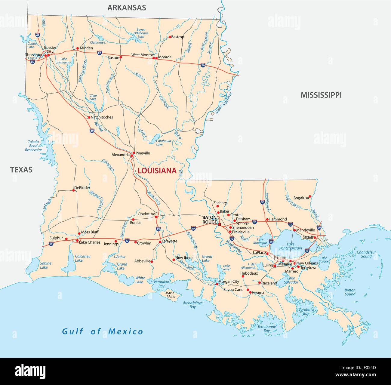 Carte routière de la Louisiane Image Vectorielle Stock - Alamy