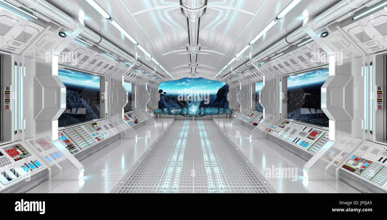 Vaisseau spatial intérieur avec vue sur l'espace et la planète Terre ...