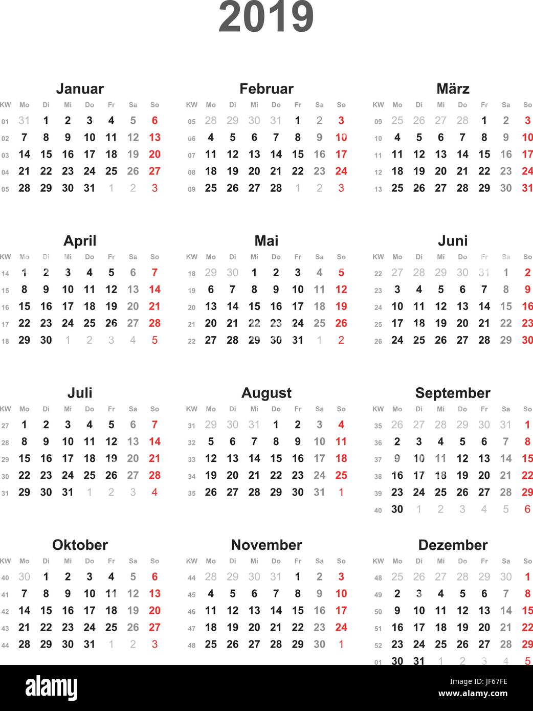 2019 calendrier universel - à l'exception des jours fériés Image ...