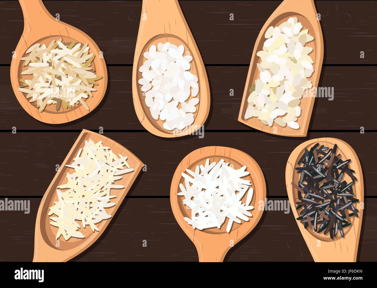 Différents types de riz dans des cuillères en bois. Sauvages, Basmati ...