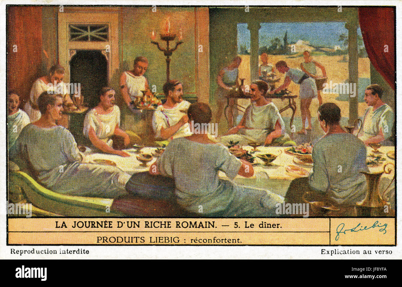 Une journée dans la vie d'un riche romain. Cena - Repas du soir. Carte de collection Liebig ...