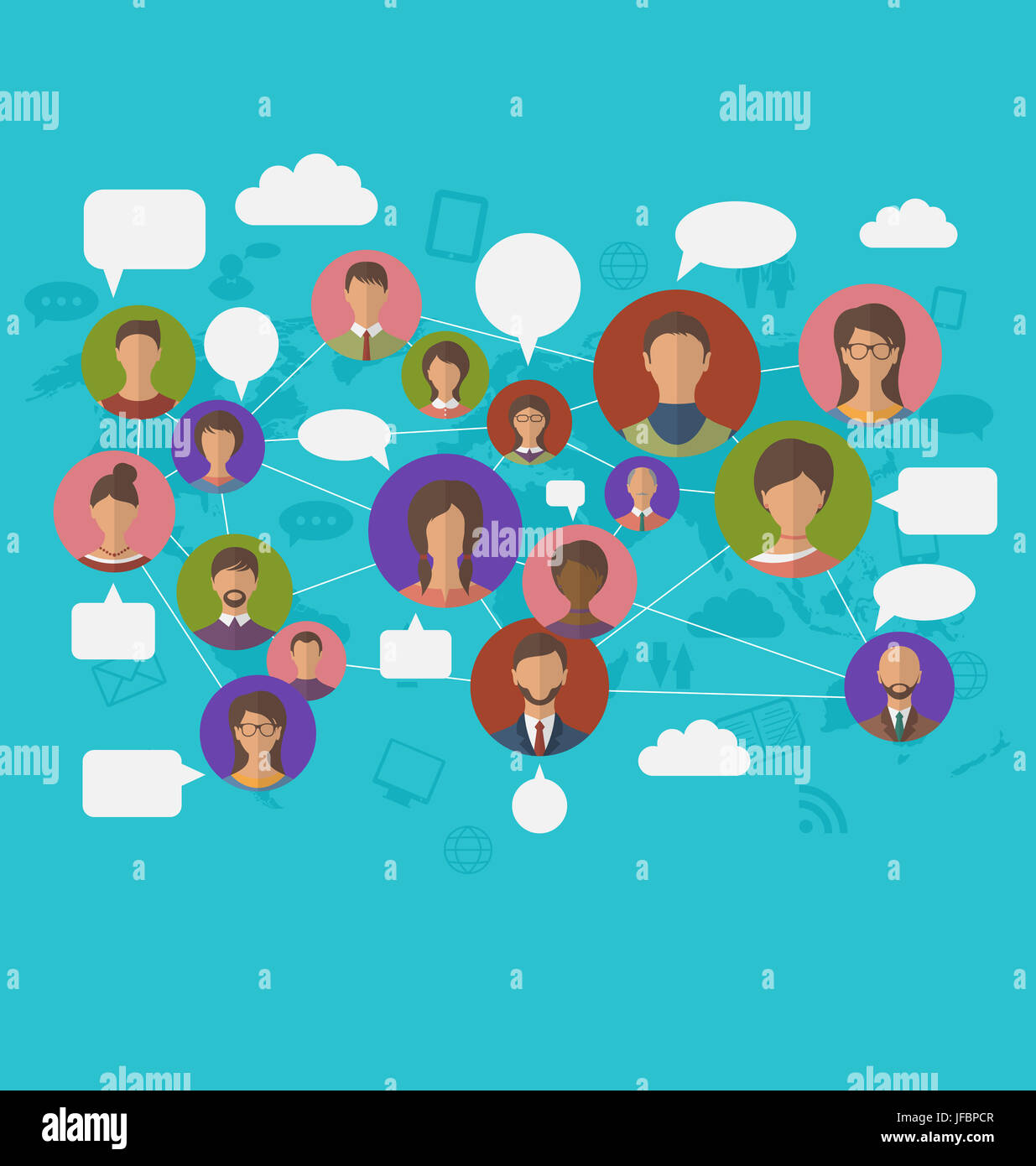 Illustration lien social sur la carte du monde avec des gens icons ...