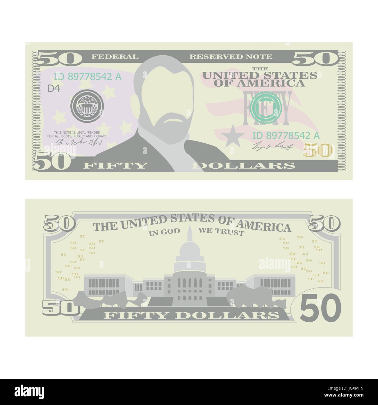Billet de 50 dollars. Caricature de faux dollars américains. Deux côtés ...