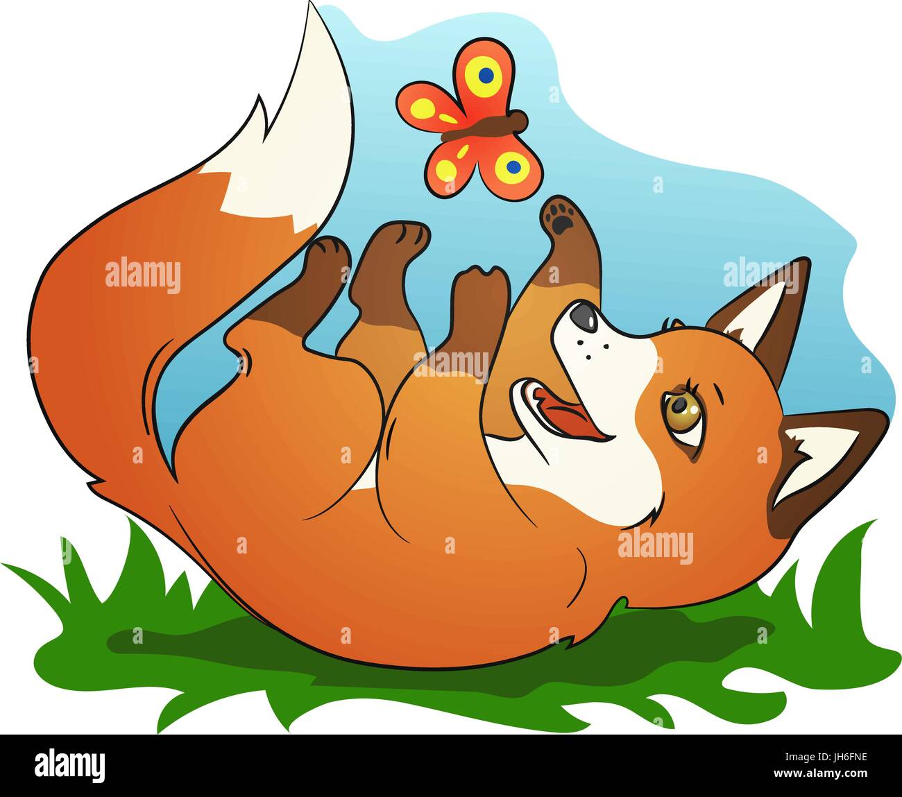 Hand drawn photo d'un mignon petit renard roux jouant avec papillon ...