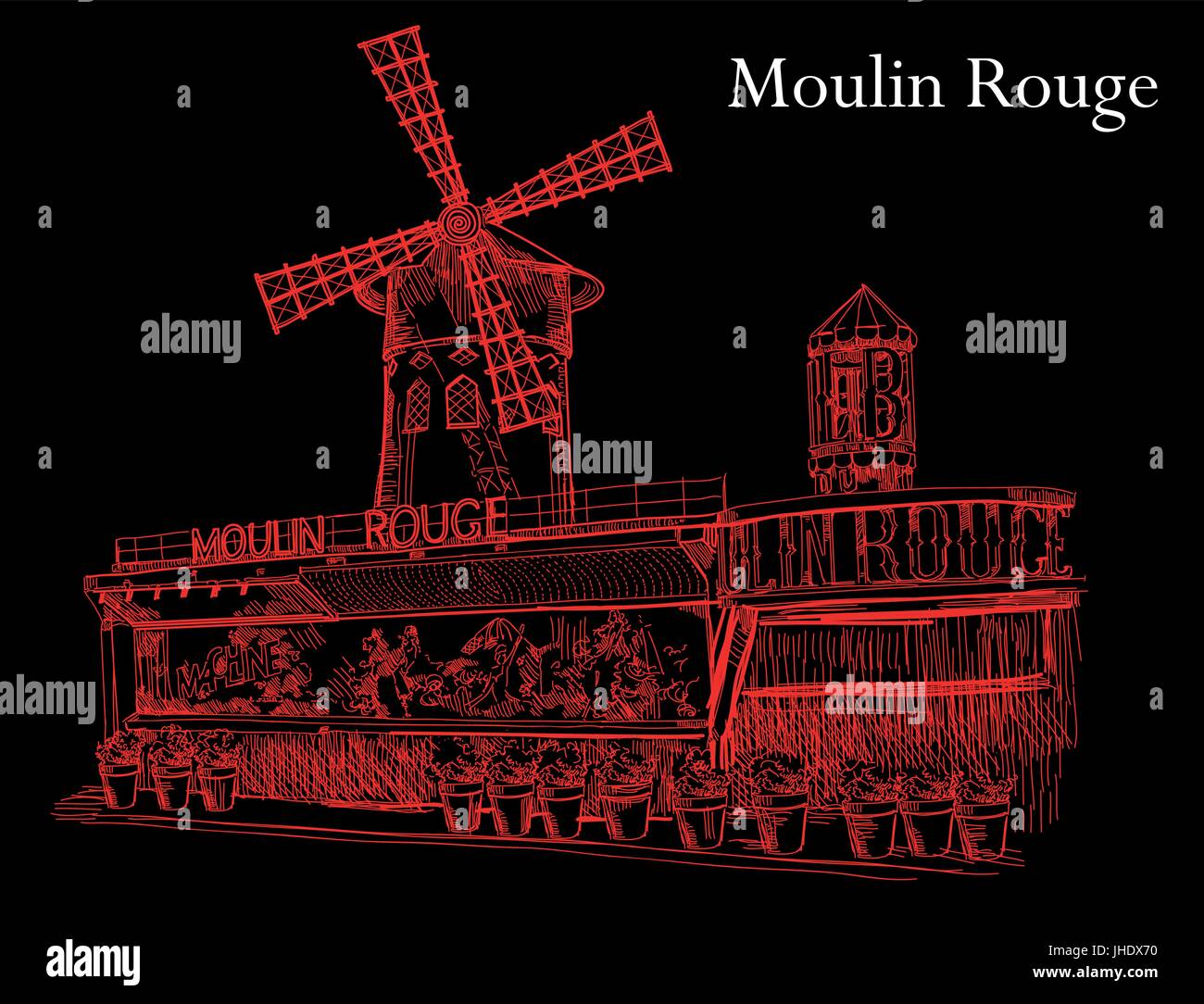 Moulin Rouge (monument de Paris, France) vector illustration dessin ...