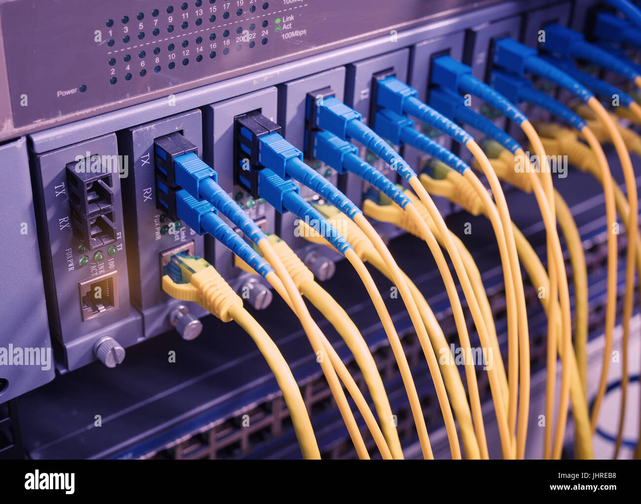 Les câbles à fibre optique connecté à un réseau de ports optiques et ...
