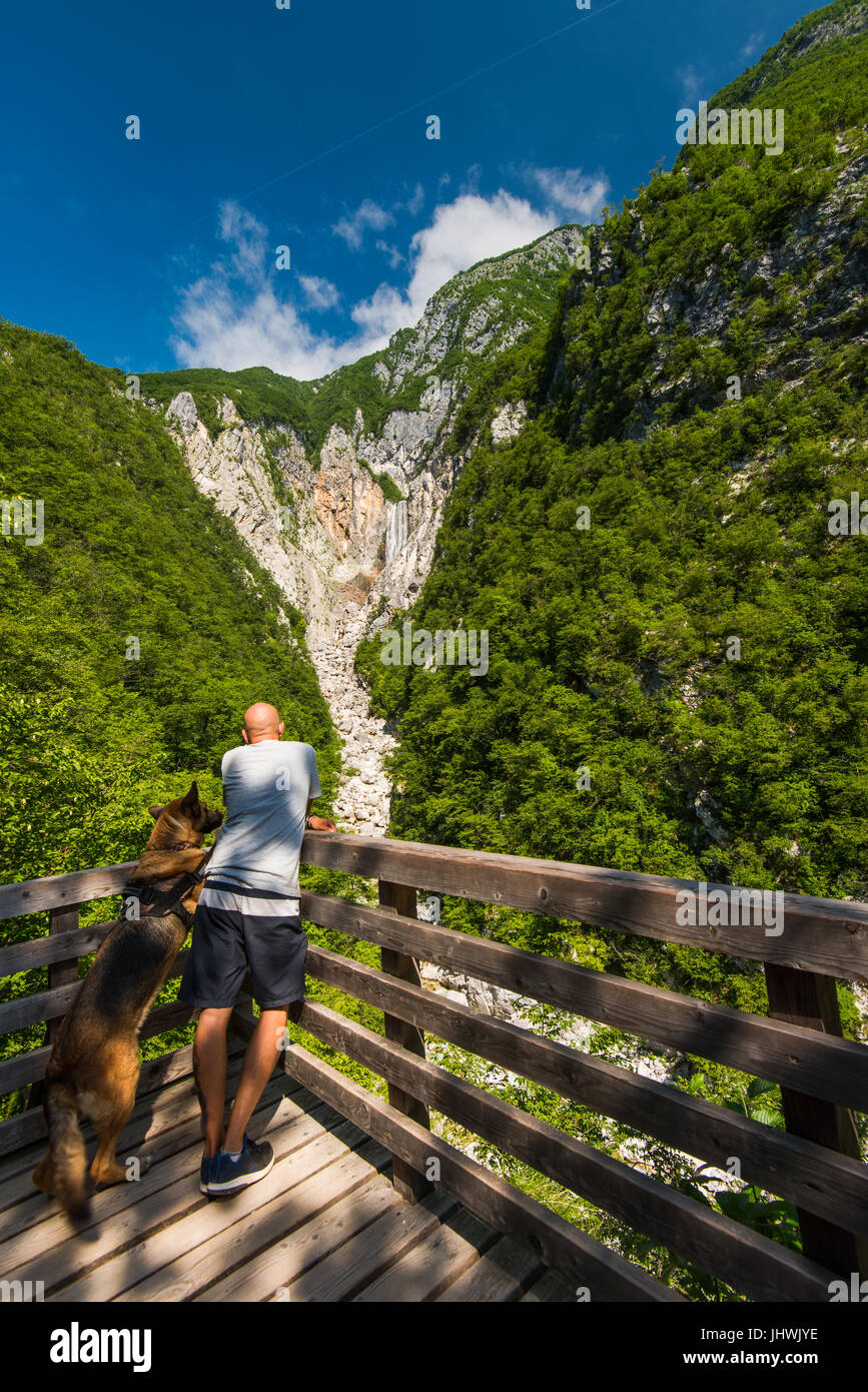 L'homme et le chien à la recherche à cascade Boka en Slovénie à partir ...