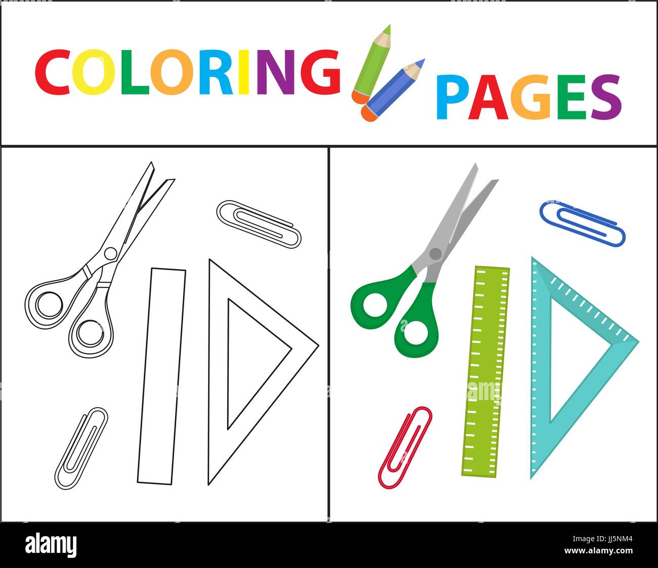 Page de livre de coloriage. Retour à l'ensemble de l'école, ciseaux ...