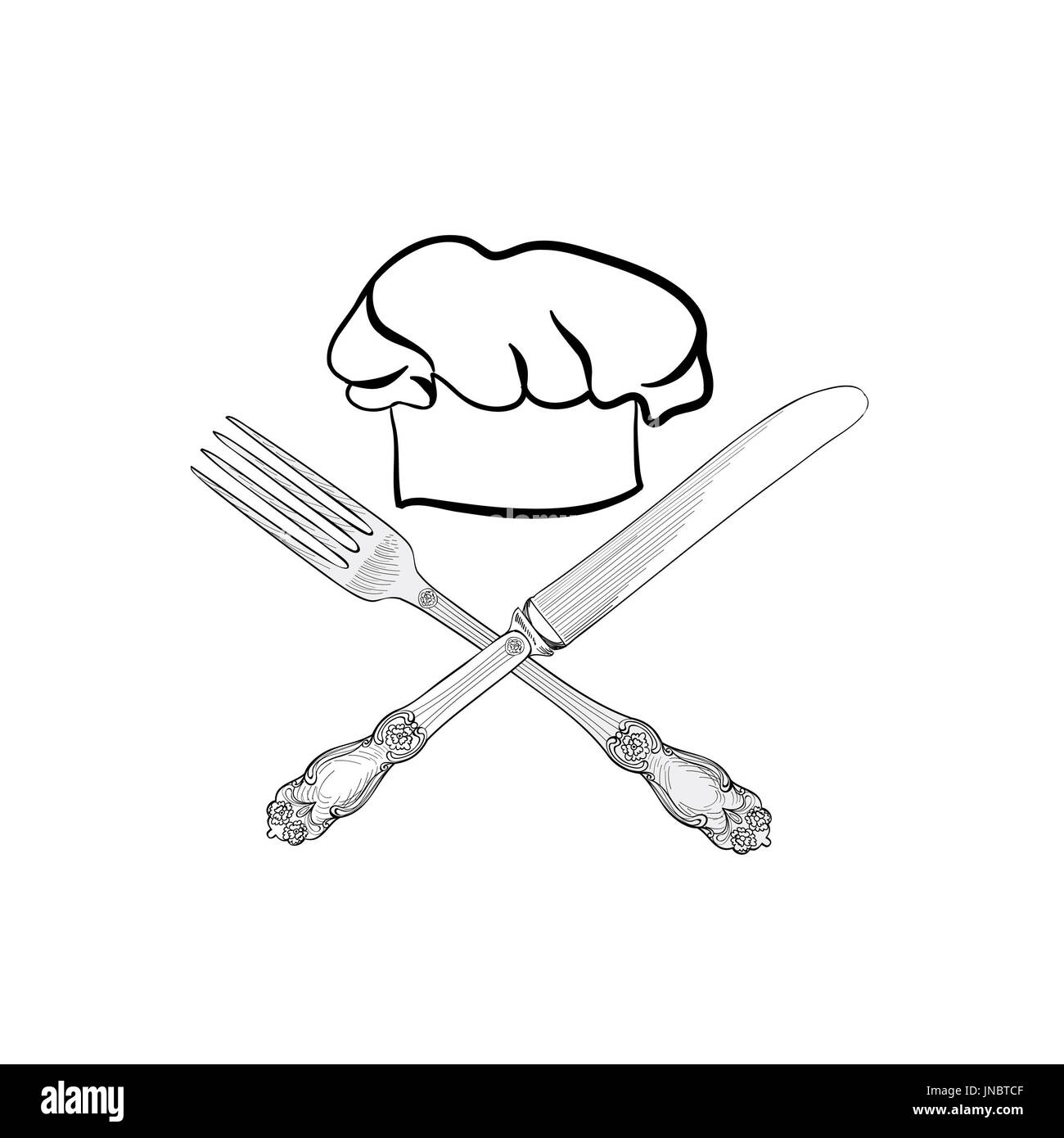 Chef cuisine hat avec fourchette et couteau dessin croquis label. L ...