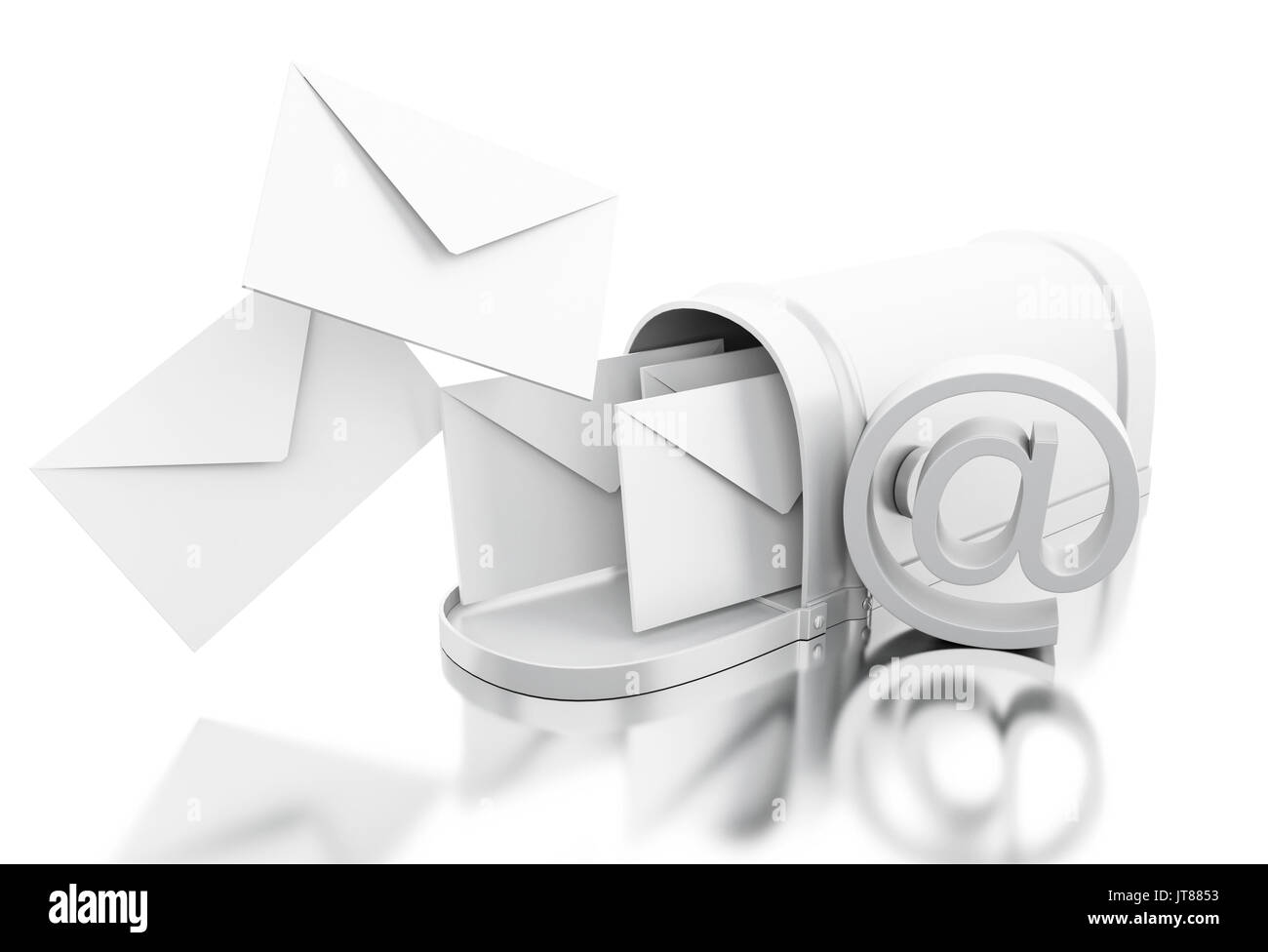 3d illustration. Ouvrir la boîte aux lettres avec au signe. Concept de ...