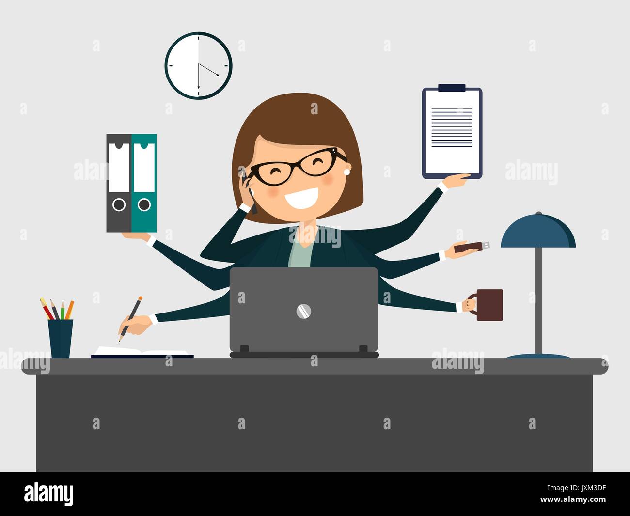 Secrétaire occupé avec laptop smiling Vector illustration Image ...