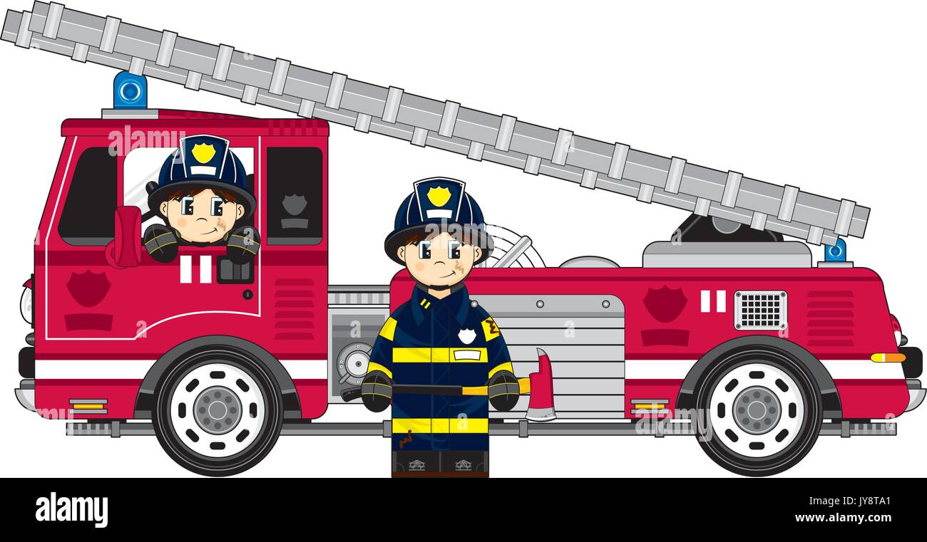 Cute Cartoon Pompier - Pompier avec Fire Engine Vector Illustration ...