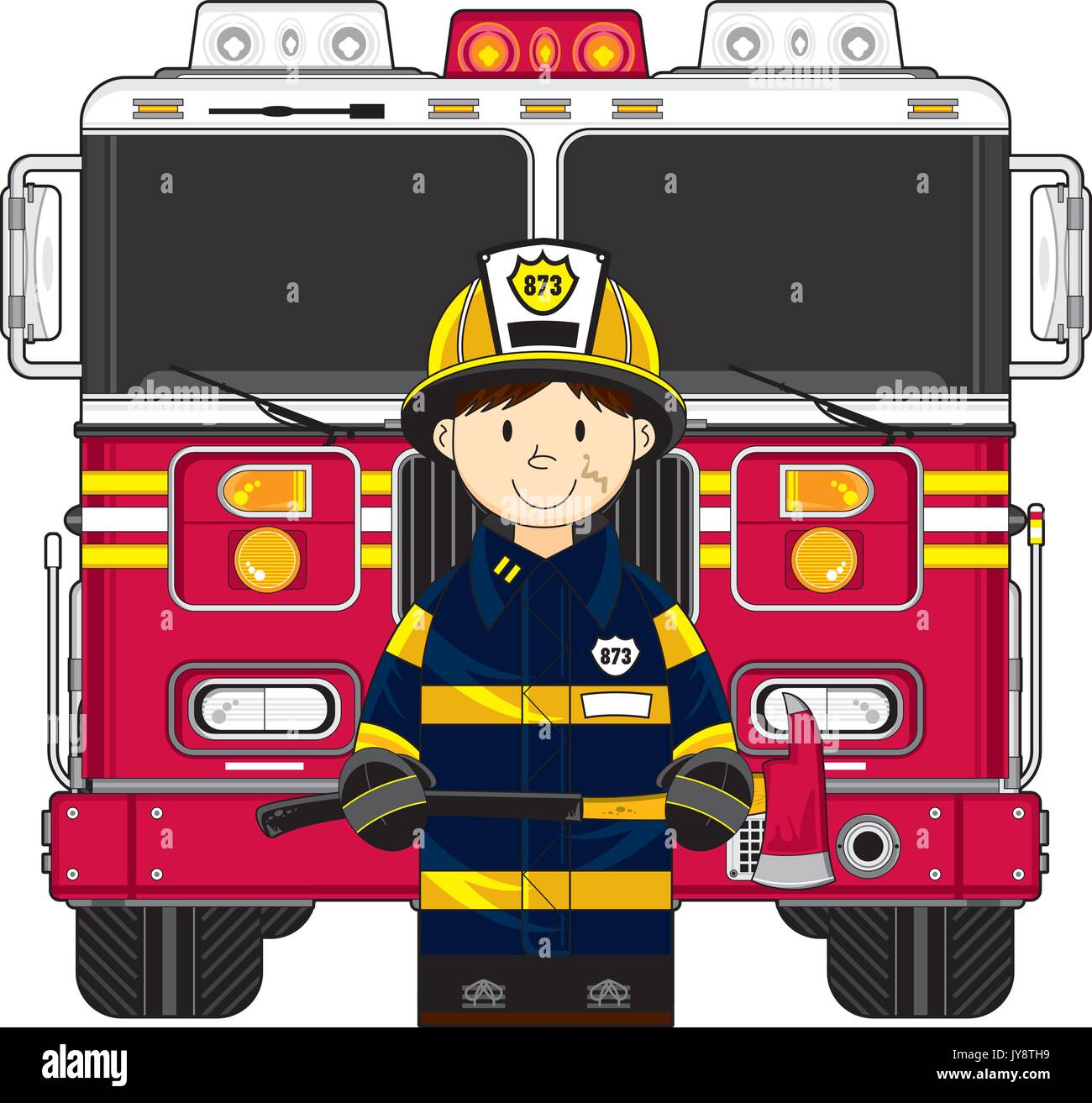 Cute Cartoon Pompier - Pompier avec Fire Engine Vector Illustration ...