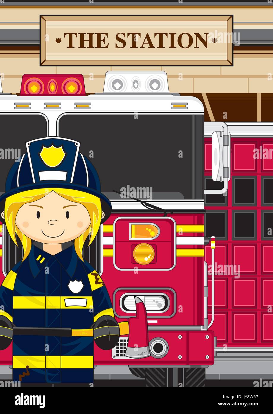 Cute Cartoon Pompier - Pompier avec Fire Engine Vector Illustration ...