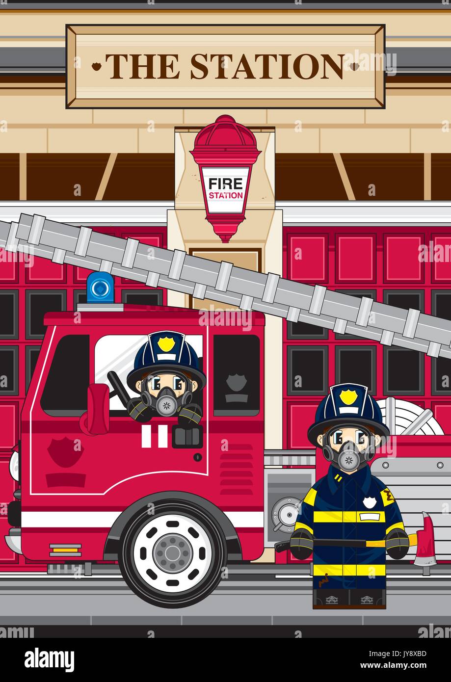 Cartoon - Pompier POMPIER dans un respirateur avec Fire Engine Vector ...