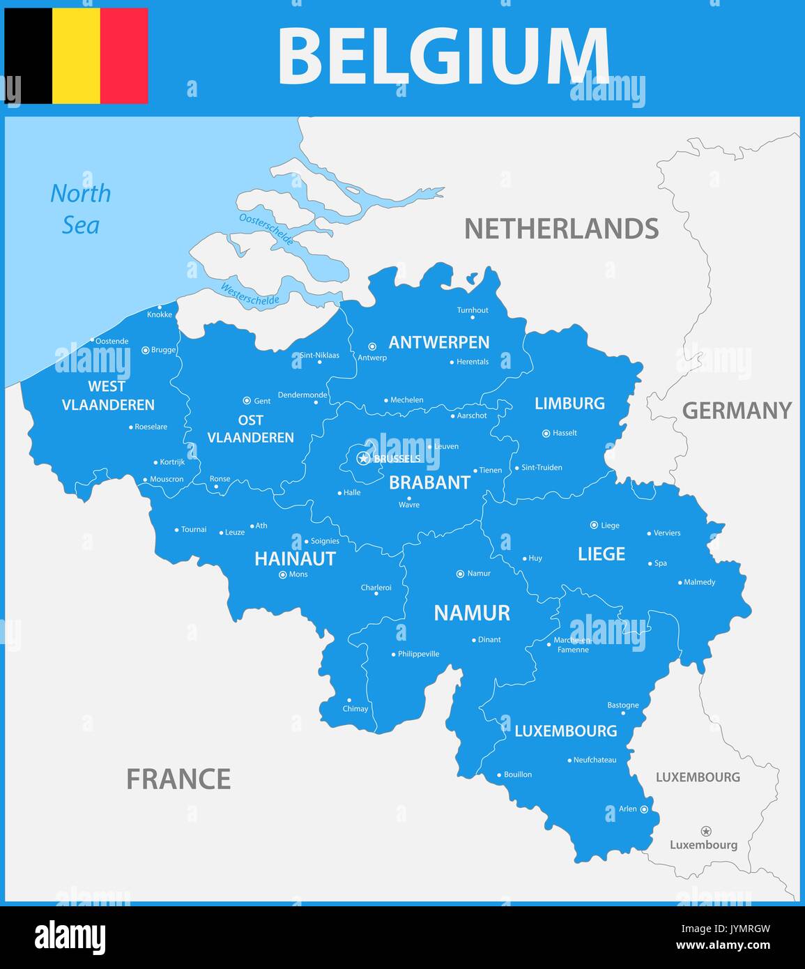 La carte détaillée de la Belgique avec les régions ou États et villes ...