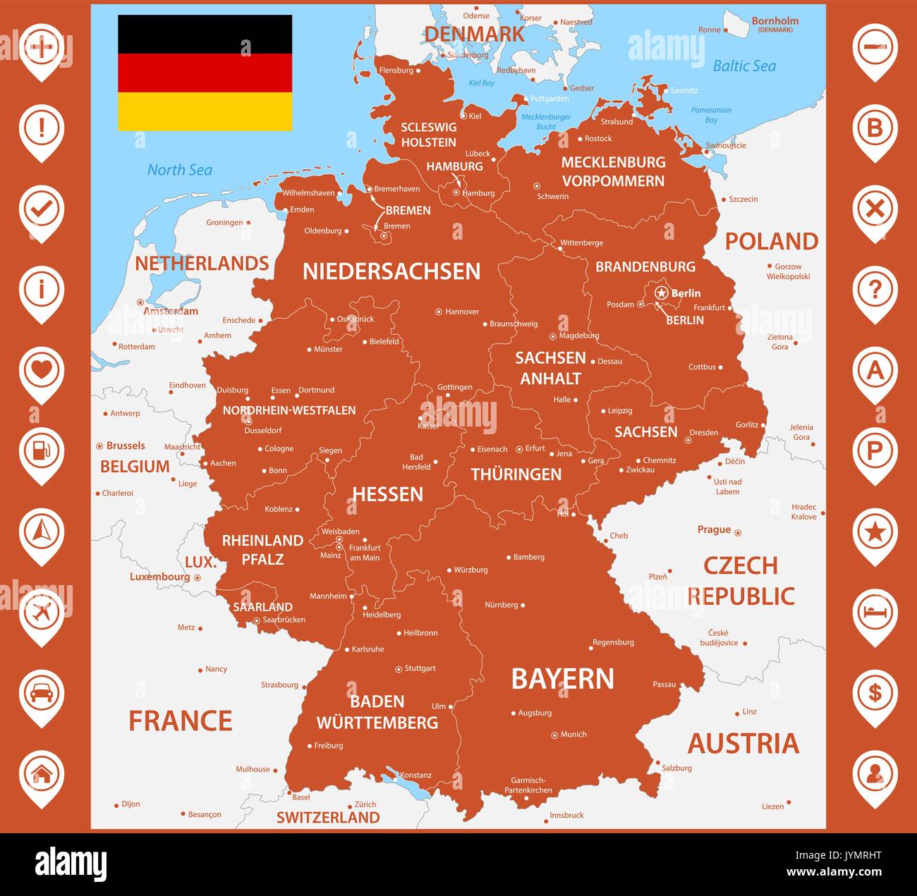 La carte détaillée de l'Allemagne avec les régions ou États et villes ...