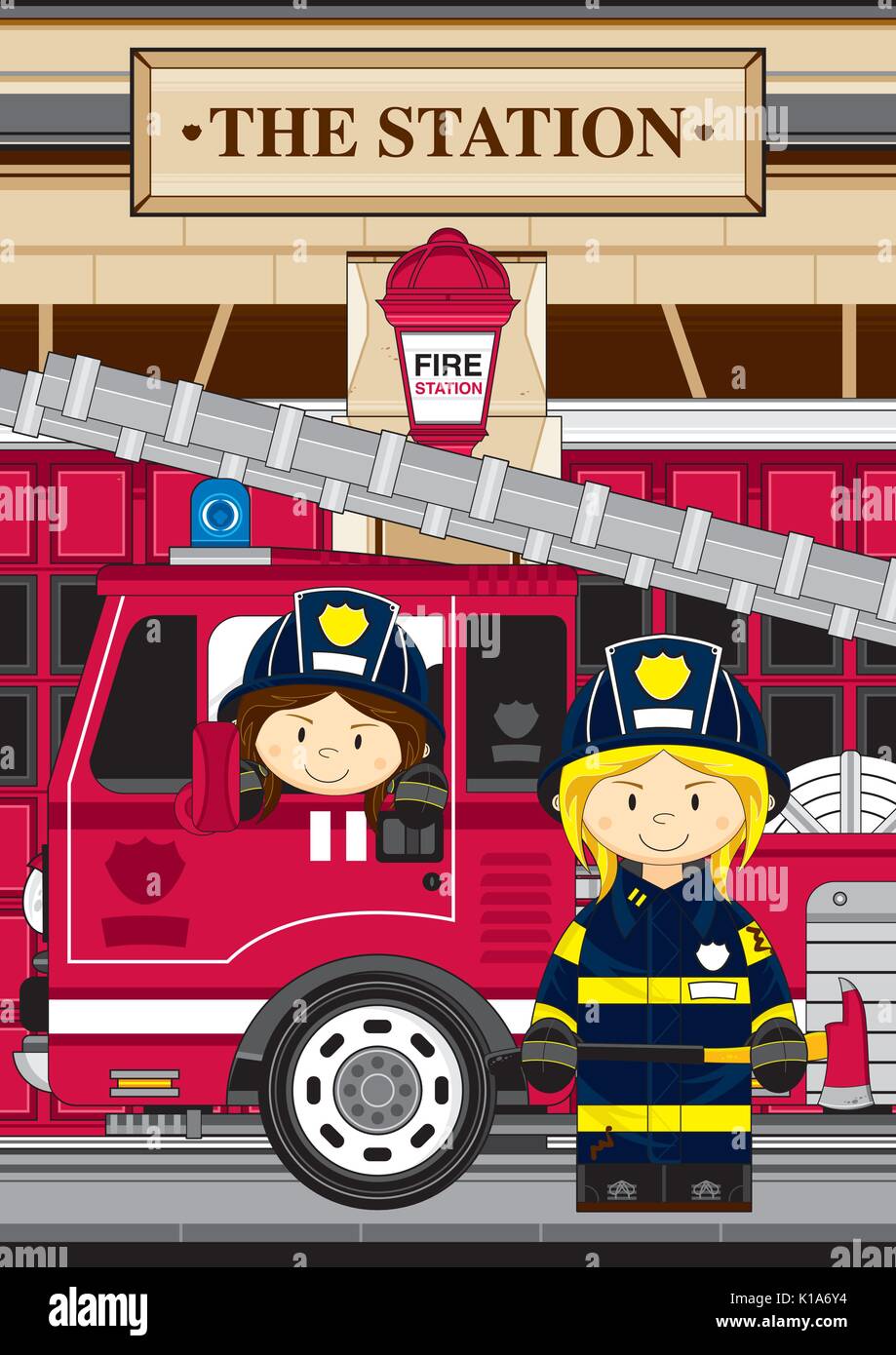 Cute Cartoon - Pompier POMPIER et Fire Truck Vector Illustration Image ...