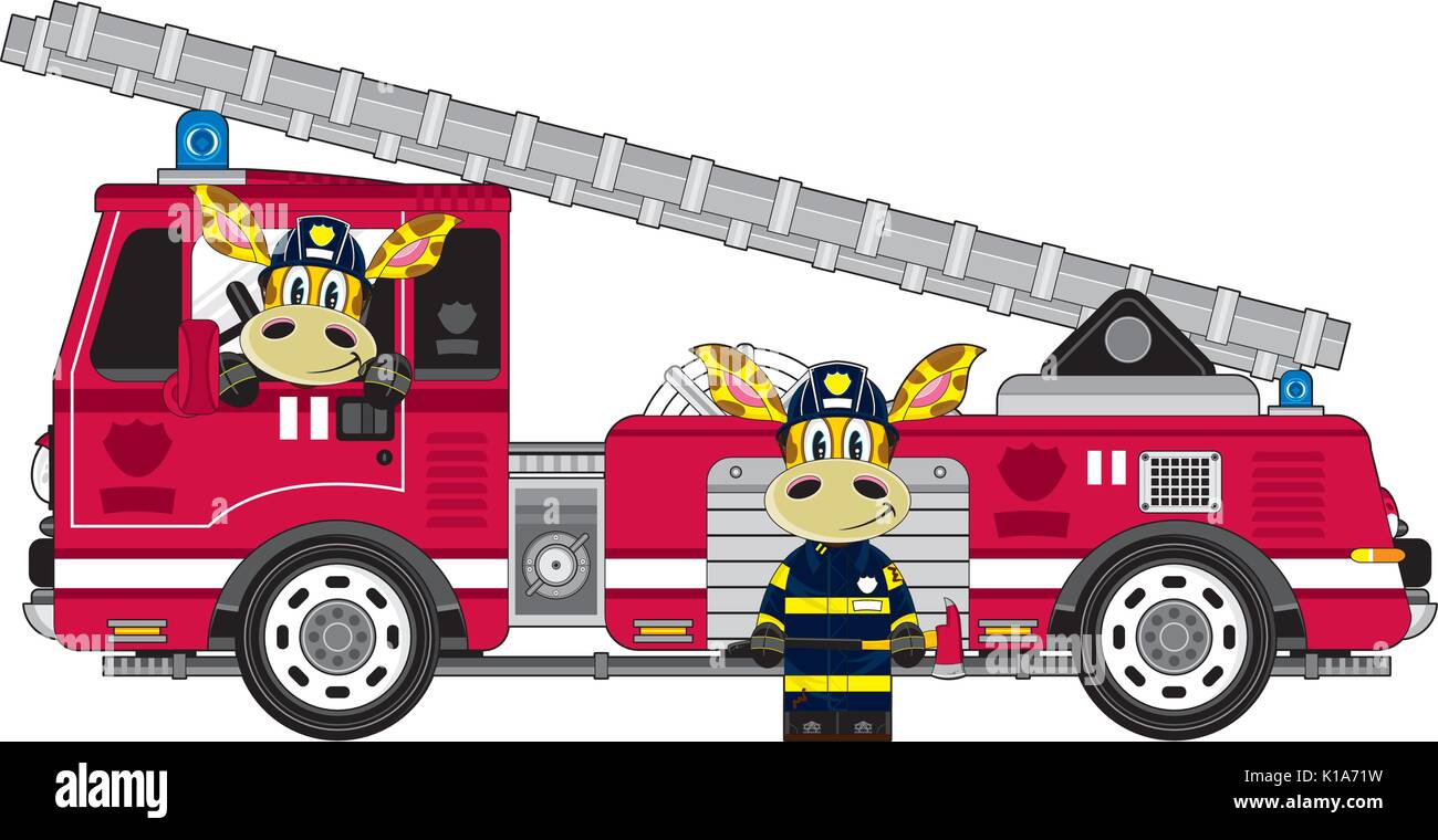 Cute Cartoon Girafe Pompier - pompier et Fire Truck Vector Illustration ...
