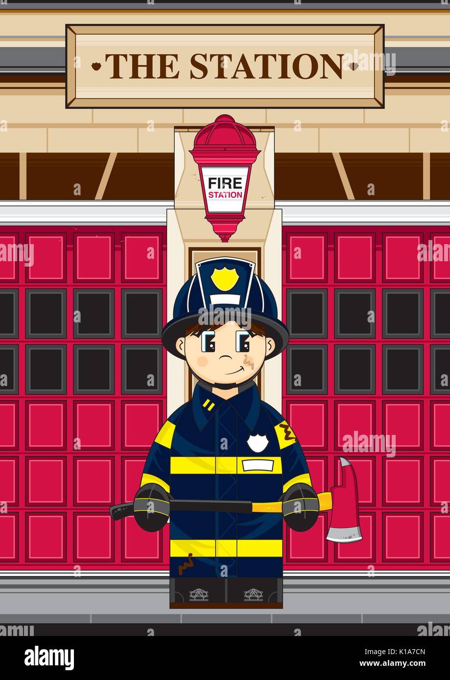 Cute Cartoon Pompier - Pompier avec hache Vector Illustration Image ...