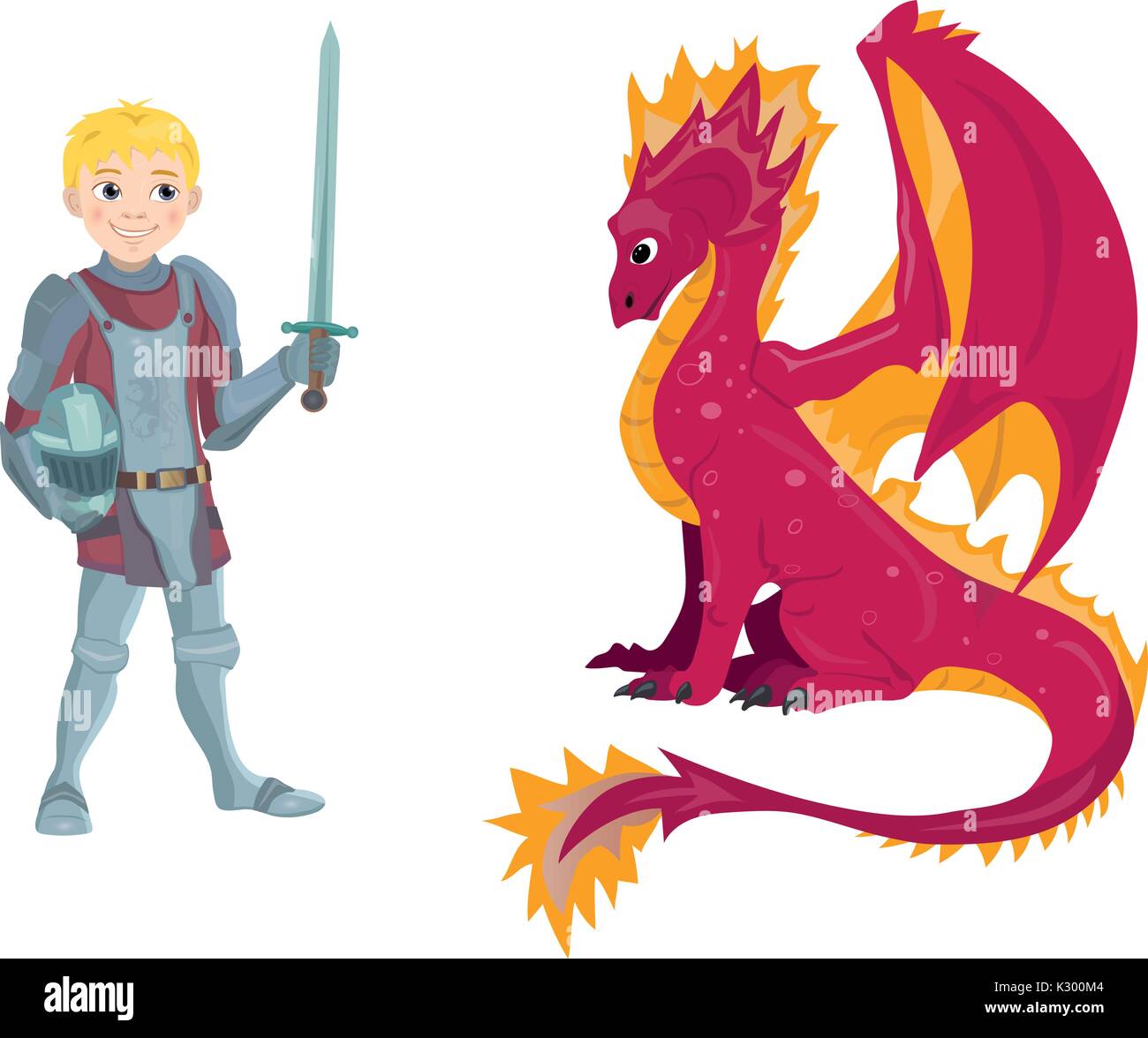 Un dessin animé dragon et jeune chevalier dans son armure tenant une ...