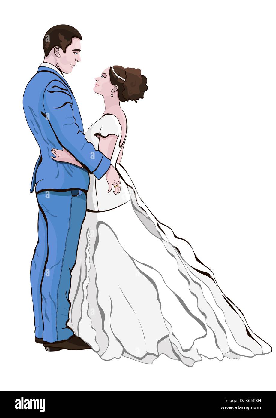Jeunes Mariés Cartoon Vector Dessin à La Main Couple In Love Hugging