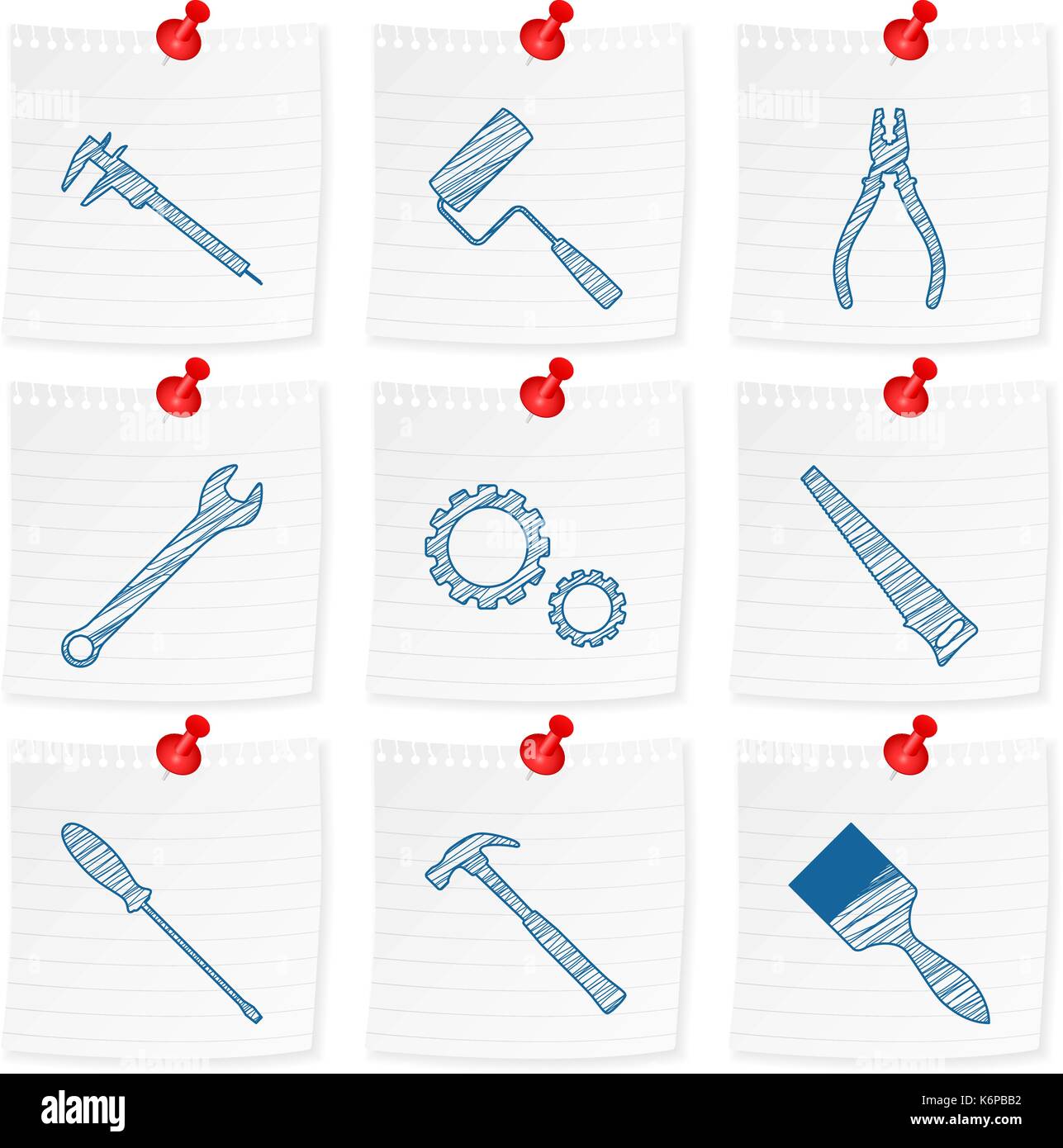 Outils de dessin et papier remarque symbole sur un fond blanc. vector ...