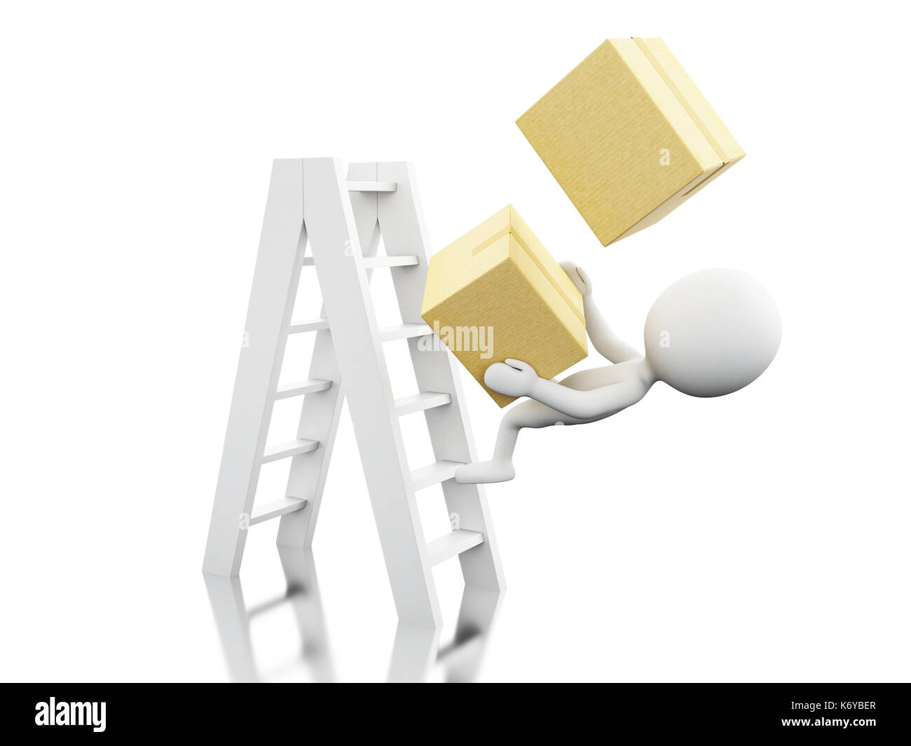 3d illustration. blancs tomber d'une échelle avec des boîtes. accident ...