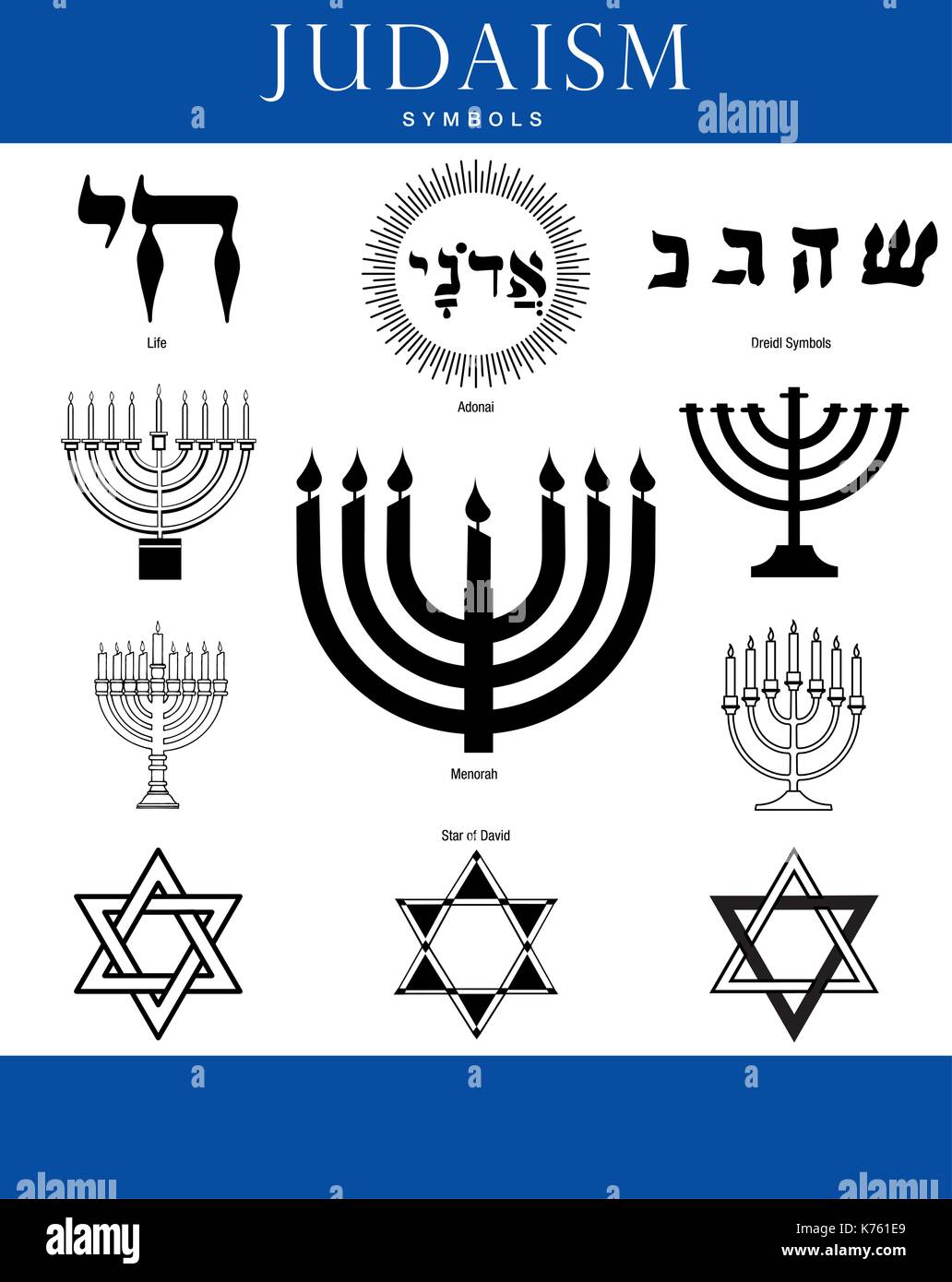 Ensemble de symboles judaïsme sur fond blanc avec des barres bleues ...