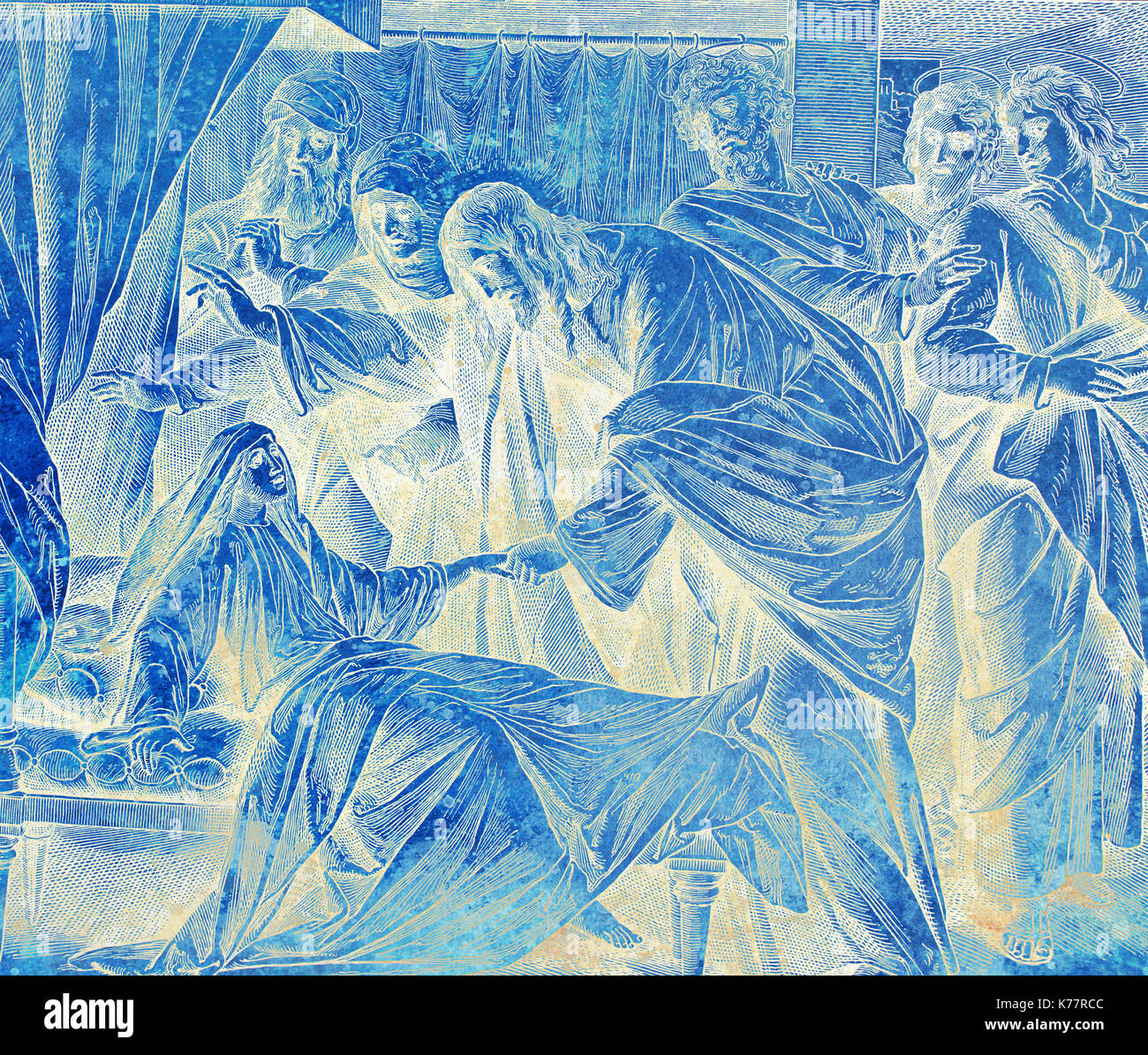 Jésus guérit la fille de Jaïrus, collage graphique de gravure d ...