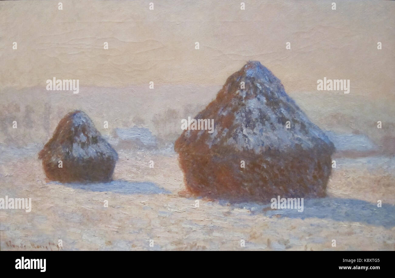 Wheatstacks, Effet de neige, le matin, huile sur toile tableau de ...
